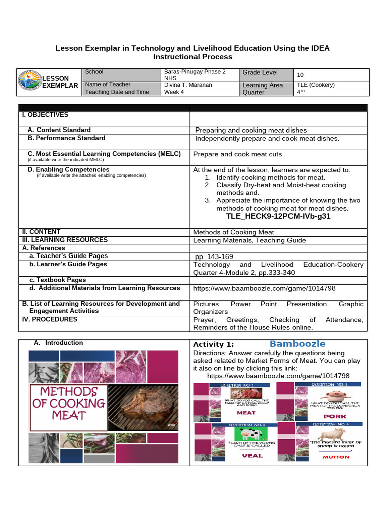 Lesson exemplar-TLE10 - Cookery | PDF | Learning | Human Communication