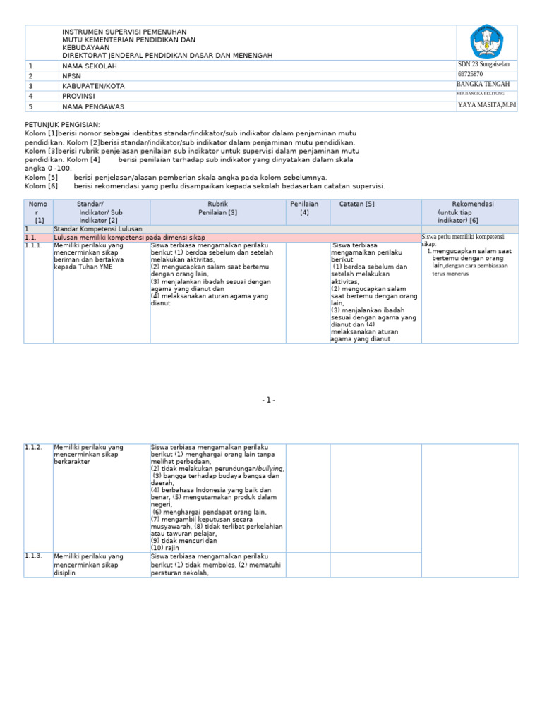 Instrumen Supervisi SNP 2020 | PDF