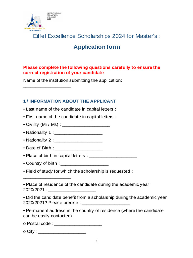 application-form-for-eiffel-scholarship-2024_insa_lyon_en | PDF | Qualifications | Educational ...