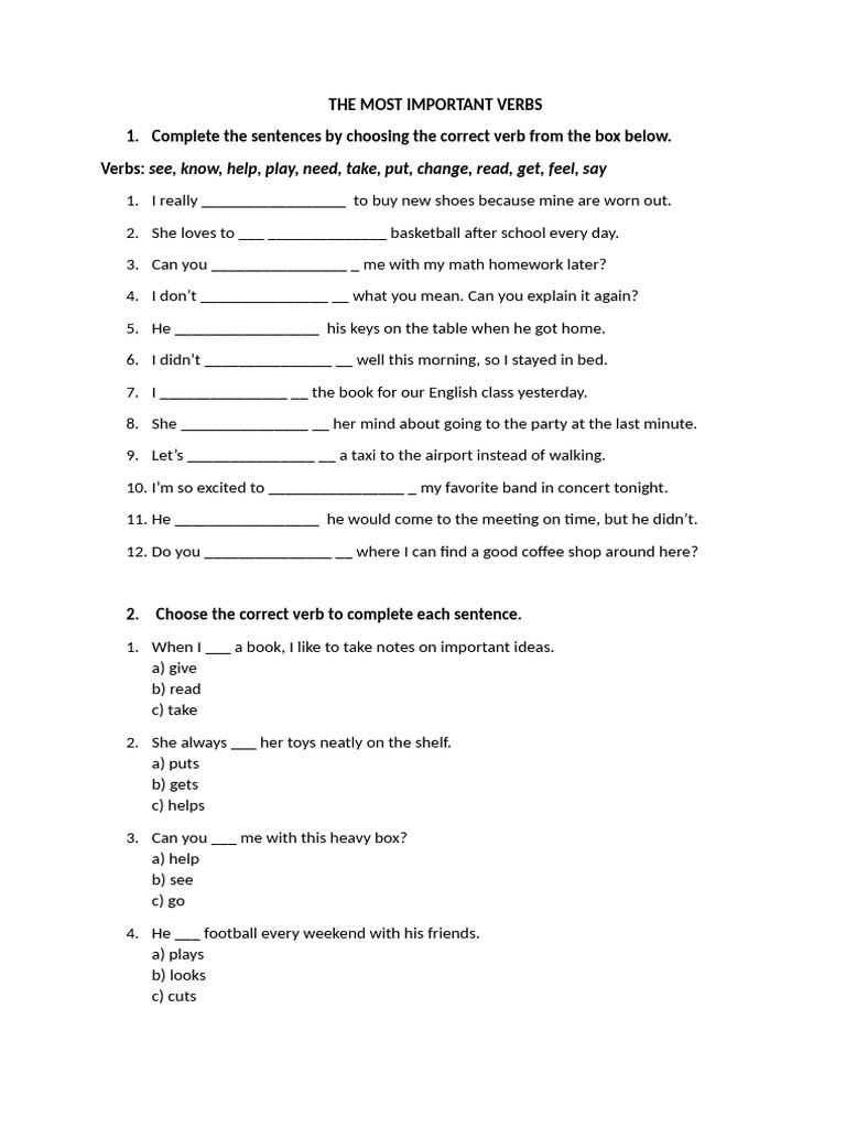 THE MOST IMPORTANT VERBS exercises | PDF