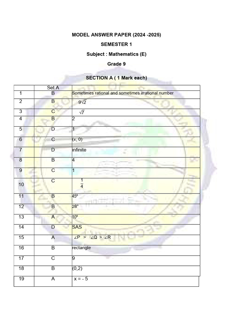 Grade 9 Maths Model Answer Paper | PDF | Elementary Mathematics ...