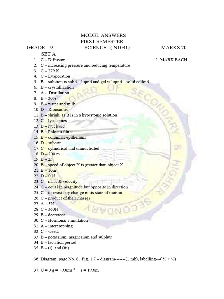 Grade 9 Science Semester 1 Model Answers | PDF | Force | Buoyancy