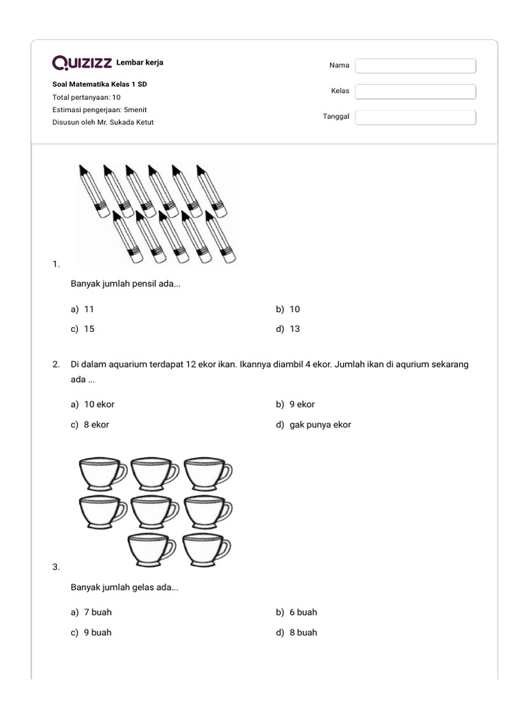 Soal Matematika Kelas 1 SD - Quizizz | PDF
