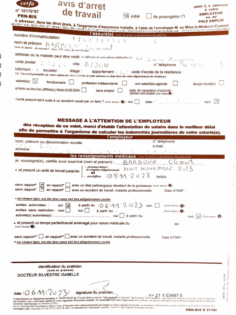 Arrêt de Travail Volet 3 | PDF