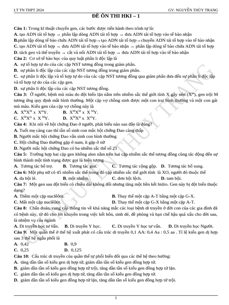 Bo de On Thi HK1 Sinh 12 Nam 2022 2023 | PDF