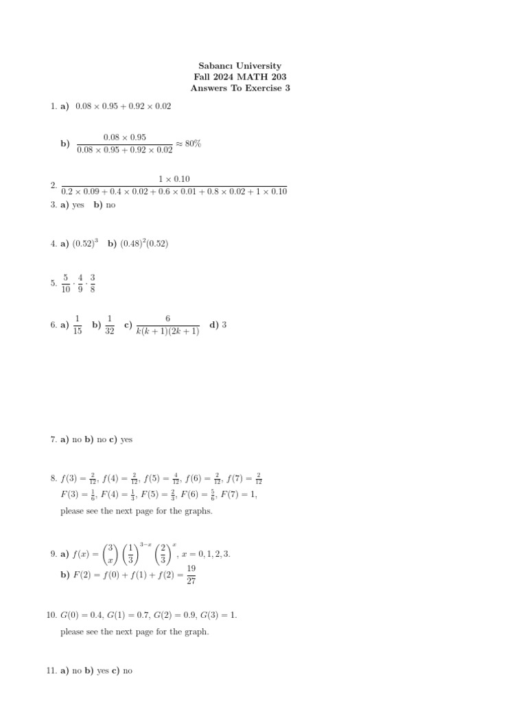 MATH 203 Fall 2024 Exercise 3 Answers | PDF