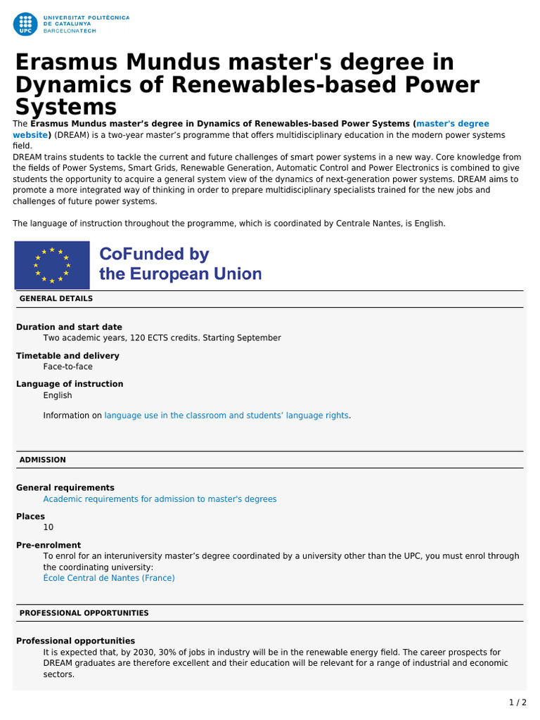 Erasmus Mundus master's degree in Dynamics of Renewables-based Power Systems (ETSEIB) | PDF ...