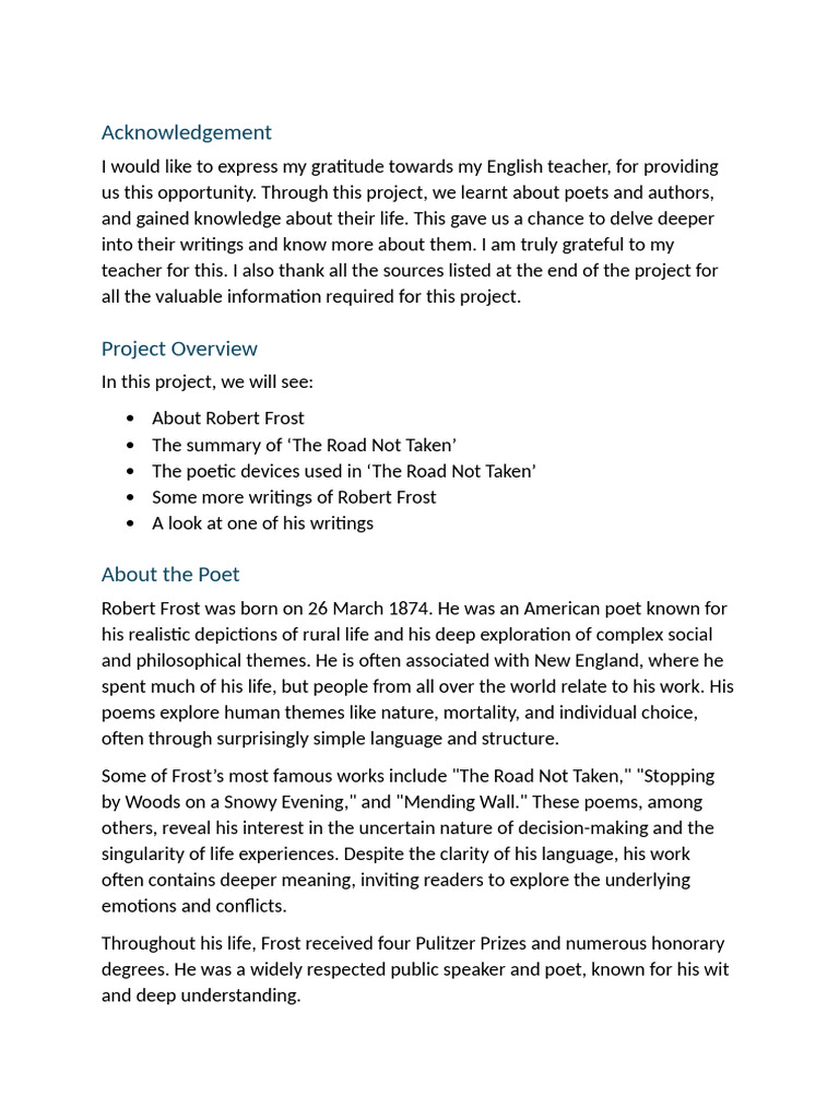 Acknowledgement for Robert Frost Project | PDF | Poetry