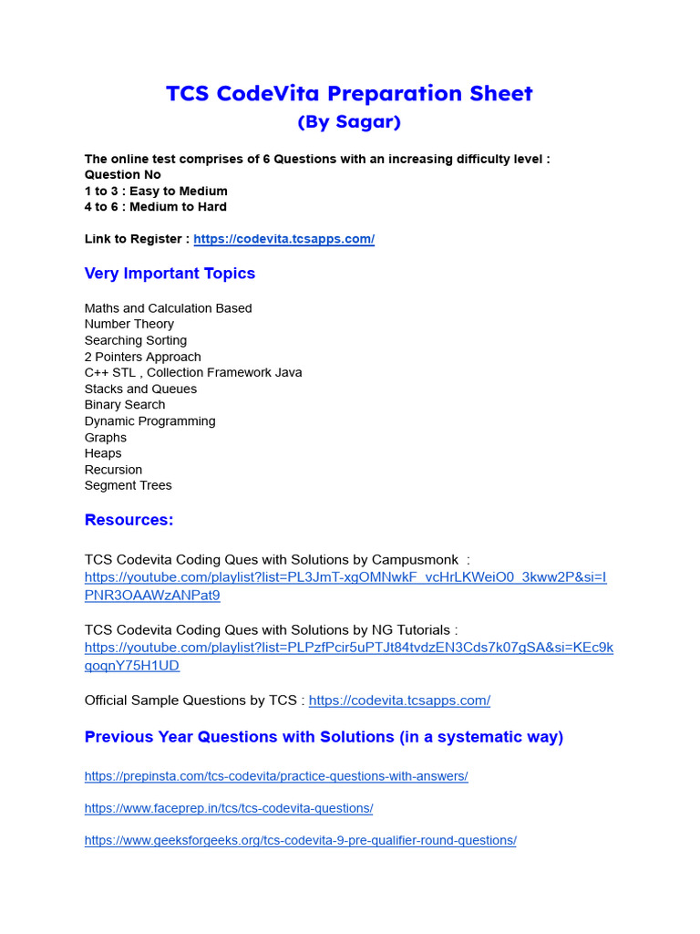 TCS CodeVita Cheat Sheet | PDF | Moving Average | Average TCS CodeVita Cheat Sheet | PDF | Moving Average | Average