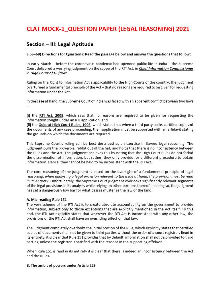 2021 - Proctored CLAT Mock 1-20 - Legal Reasoning - Questions & Answer ...