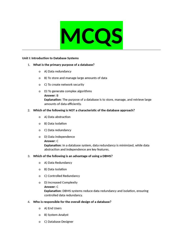 MCQS DBMS | PDF | Relational Model | Databases