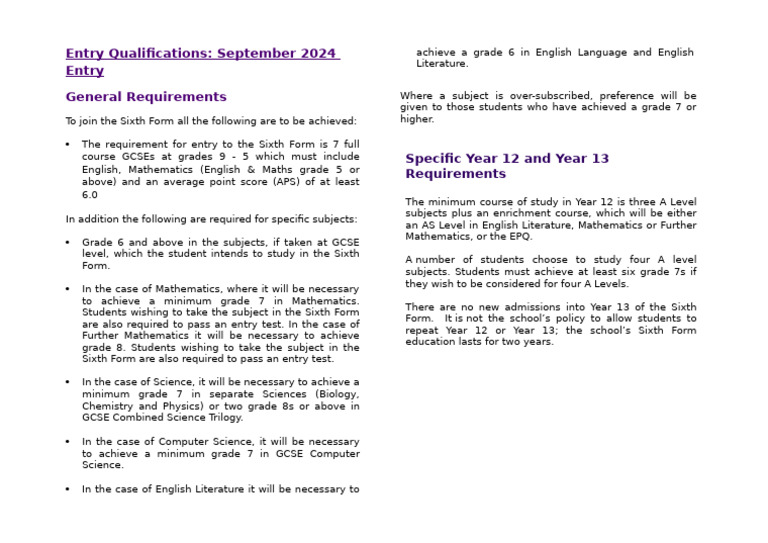 Sixth-Form-Entry-Requirements-2024-2026-update | PDF | Gce Advanced ...