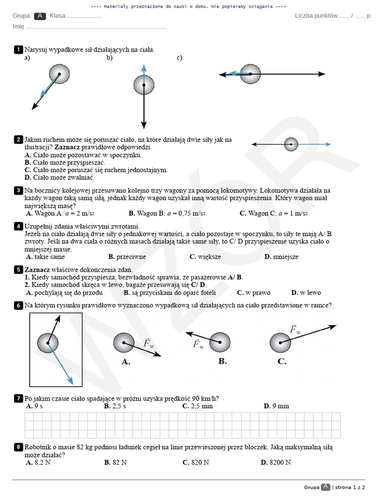 Spotkanie Z Fizyką - Klasa 7 - Dział 5 - Test#1 | PDF