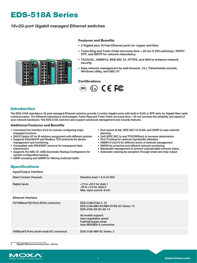 Moxa Eds 518a Series Datasheet v1.4 | PDF | Telecommunications | Ethernet