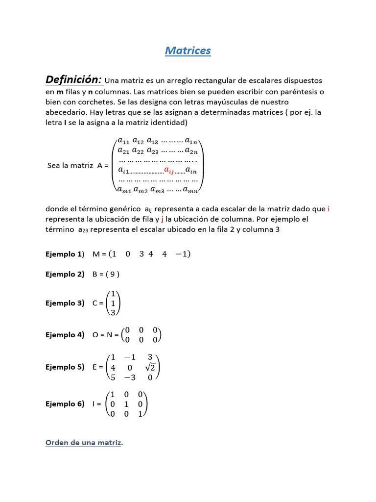 Definición y Tipos de Matrices | PDF | Matriz (Matemáticas) | Física ...