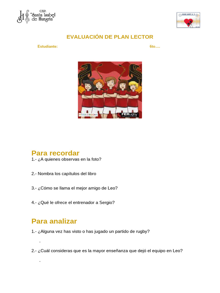 Evaluación de Plan Lector 6to Grado | PDF | Deportes y actividades al ...