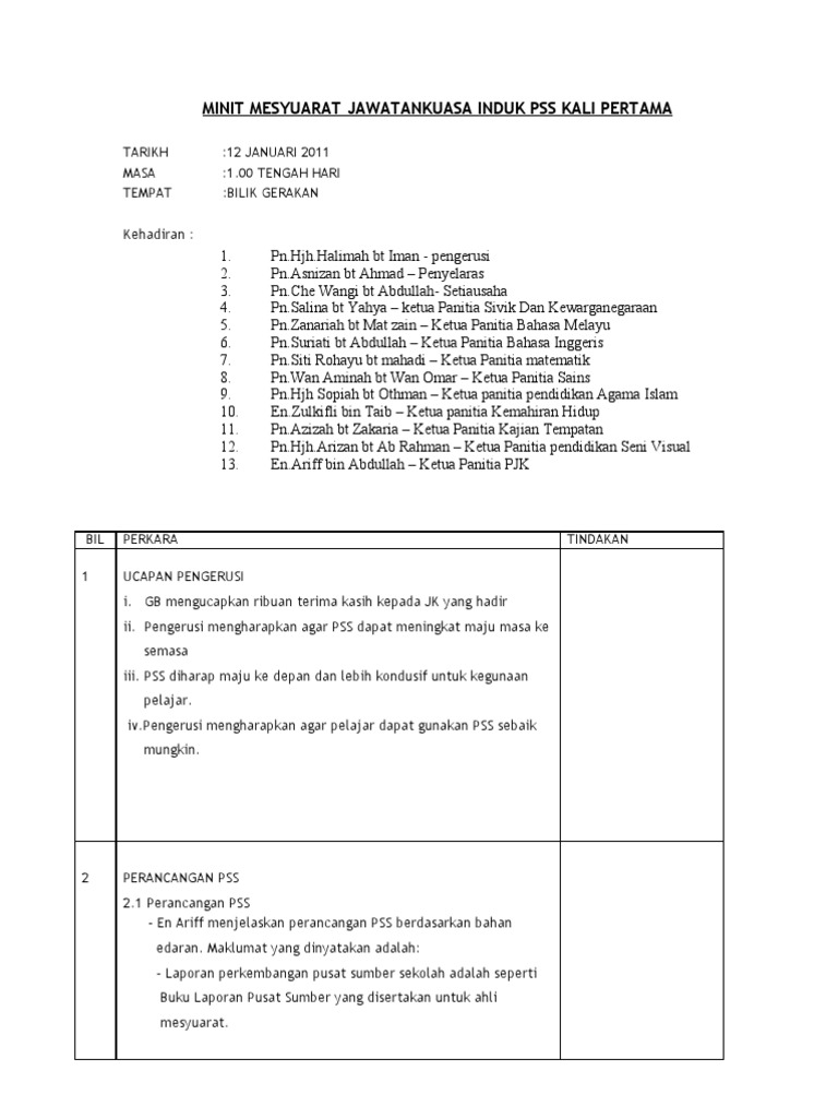 Minit Mesyuarat Jawatankuasa Induk Pss Kali Pertama1 | PDF