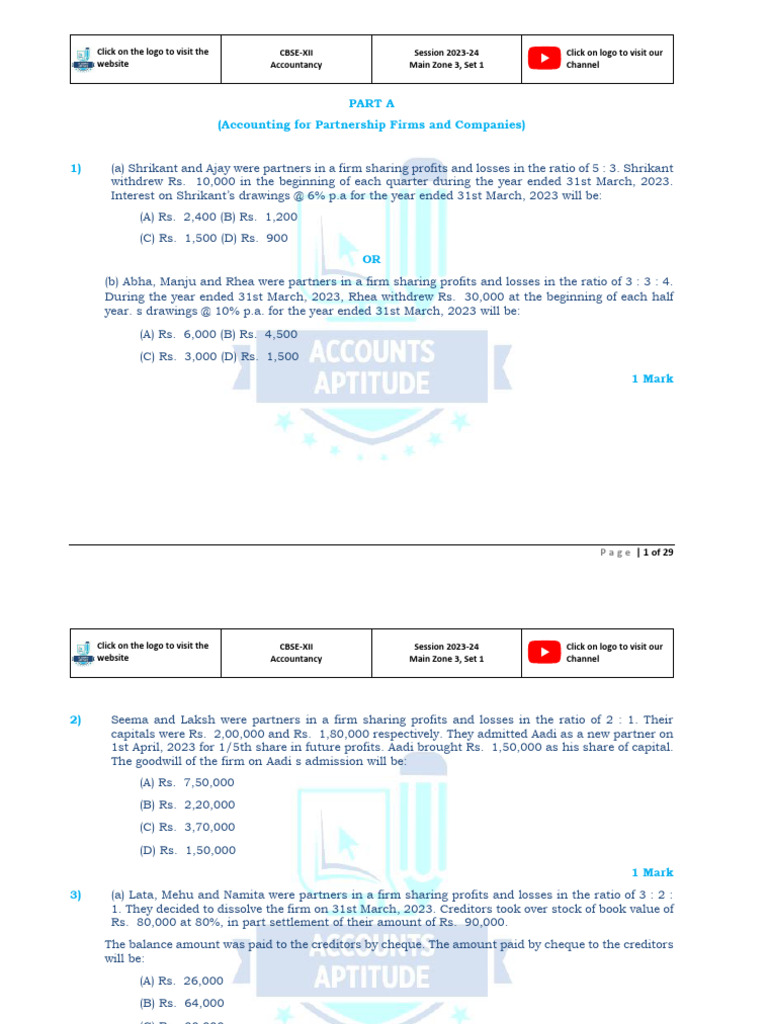 CBSE 2023 24 Main Zone 3 Set 1 Min | PDF | Balance Sheet | Dividend