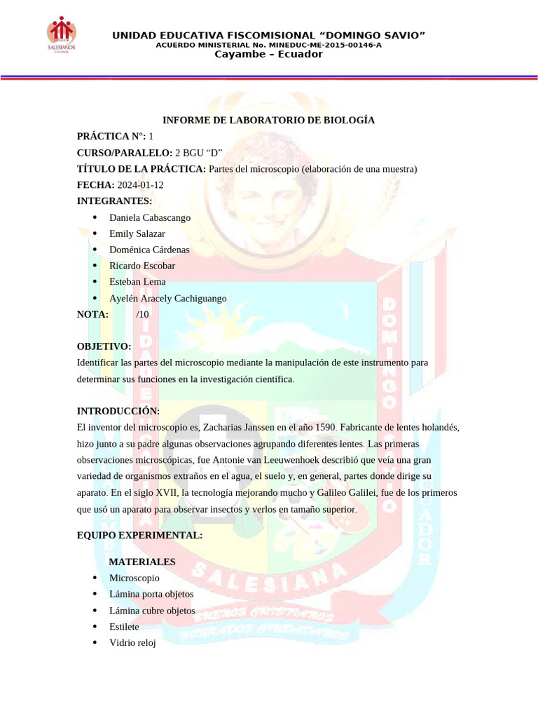Informe de Laboratorio de Biología | PDF | Microscopio | Óptica
