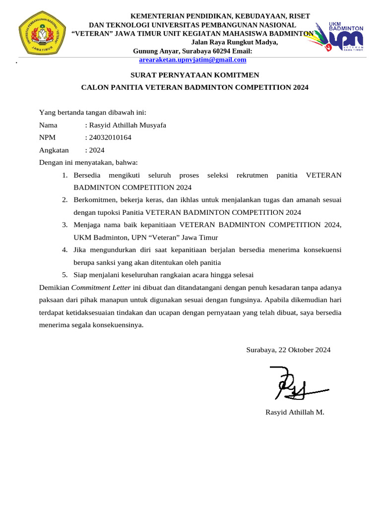 Surat Pernyataan Komitmen Panitia VBC 2024 | PDF