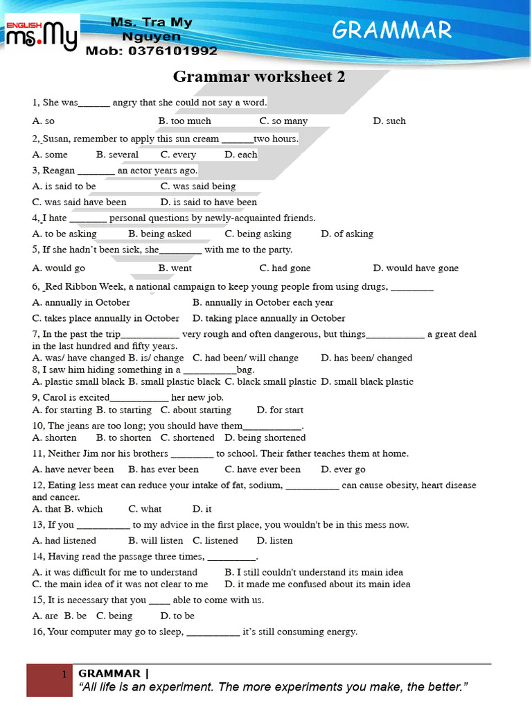 Grammar Worksheet for English Learners | PDF | Social Science | Home ...