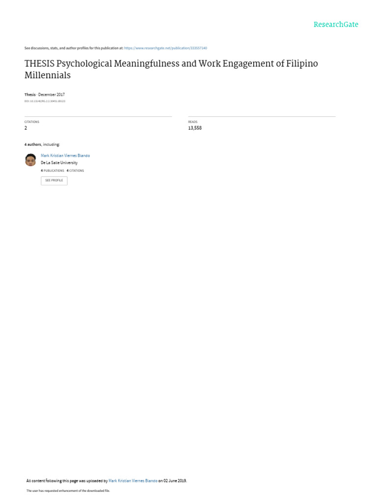 THESIS Psychological Meaningfulness and Work Engag | PDF | Occupational ...