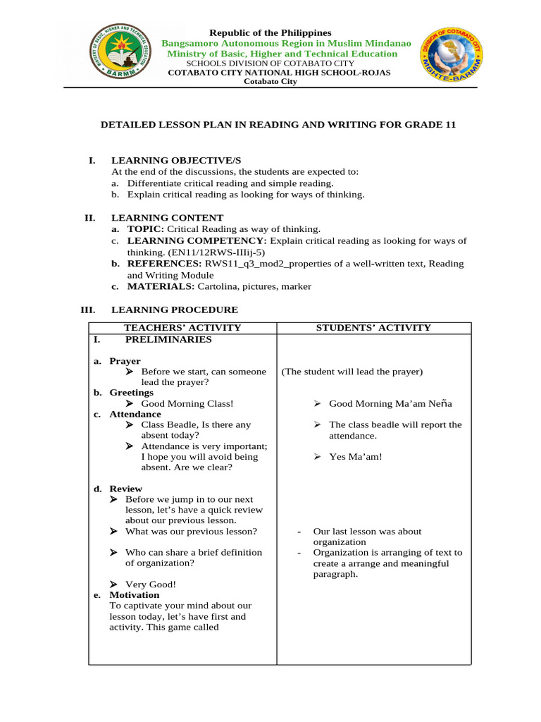 Grade 11 Critical Reading Lesson Plan | PDF | Thought | Critical Thinking