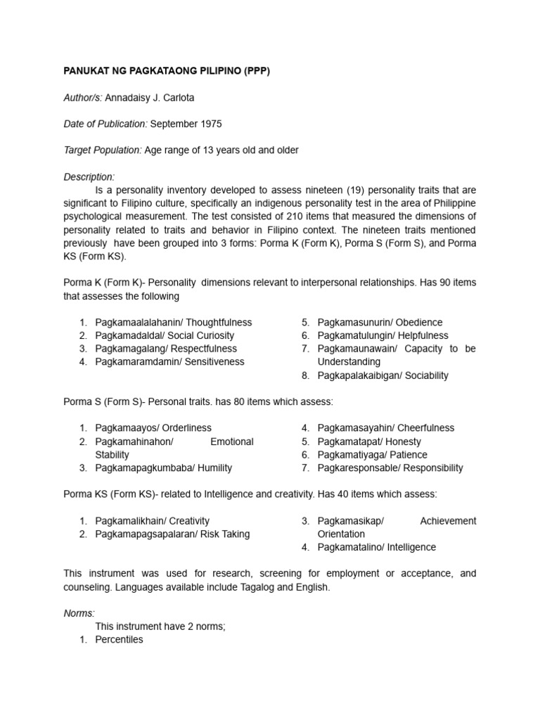 PANUKAT NG PAGKATAONG PILIPINO (PPP) Written Report | PDF | Psychology | Psychological Concepts