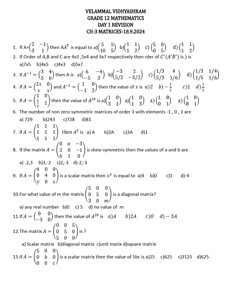 12 Maths Day 1 Revision-18.9.2024 | PDF | Matrix (Mathematics) | Operator Theory