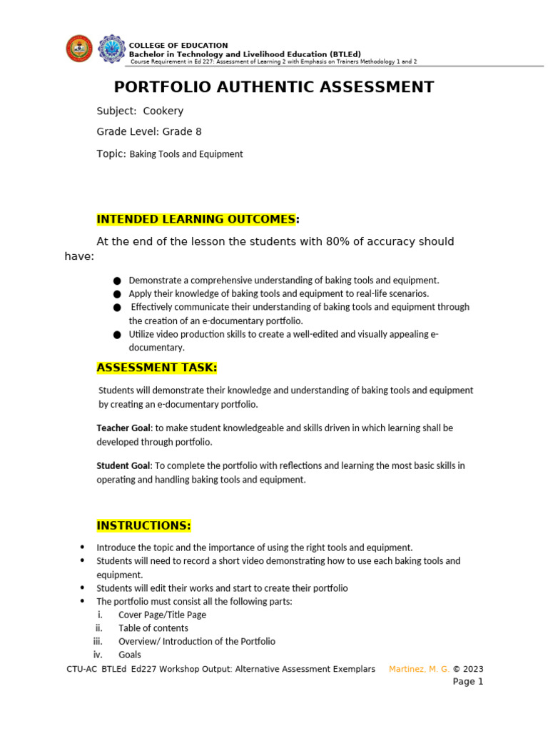 PORTFOLIO AUTHENTIC ASSESSMENT mJXoWpt | PDF | Rubric (Academic) | Learning
