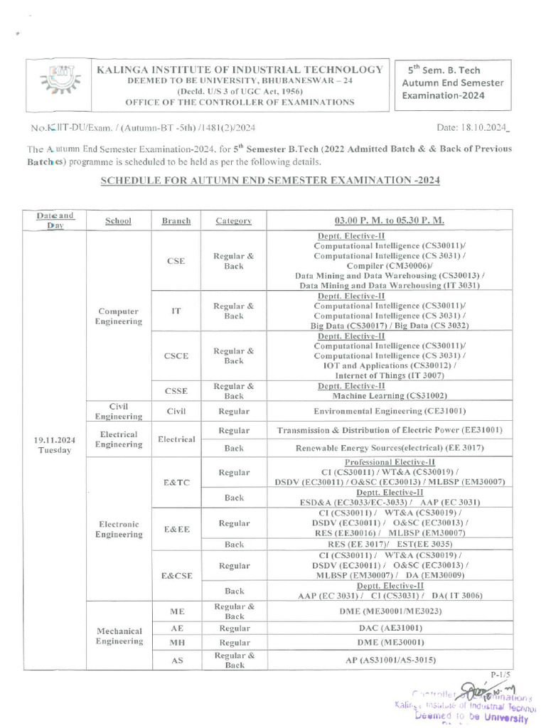 5th Sem Autumn End Semester-2024 Exam Schedule | PDF
