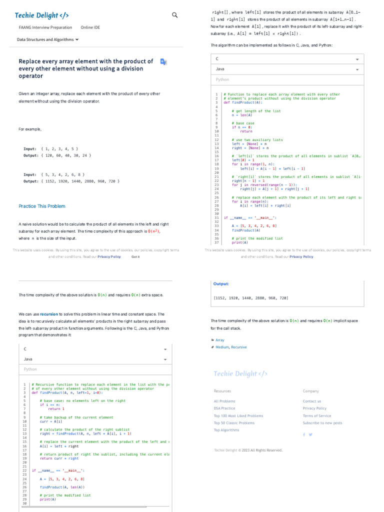 Problem1-Replace Each Emelent With Product of Remainig Element Except Self | PDF | Time ...