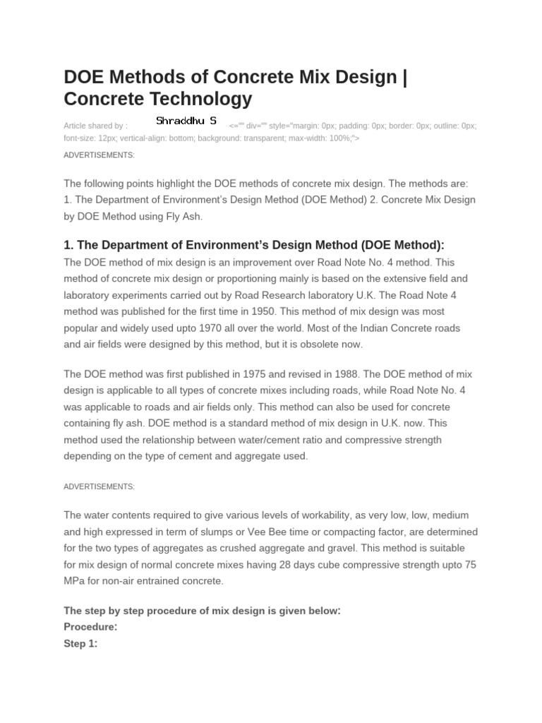 Doe Methods of Concrete Mix Design | PDF | Concrete | Cement