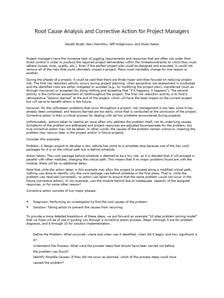 Root Cause Analysis and Corrective Action for Project Managers | PDF ...