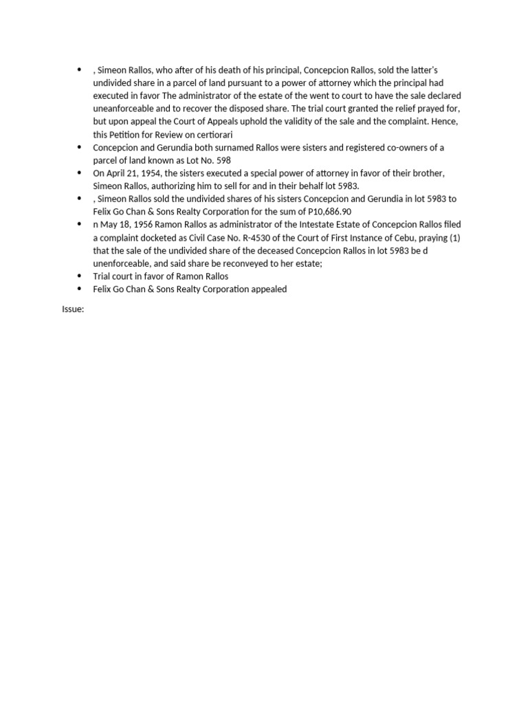 Rallos v. Felix Go Chan Realty Case Digest | PDF