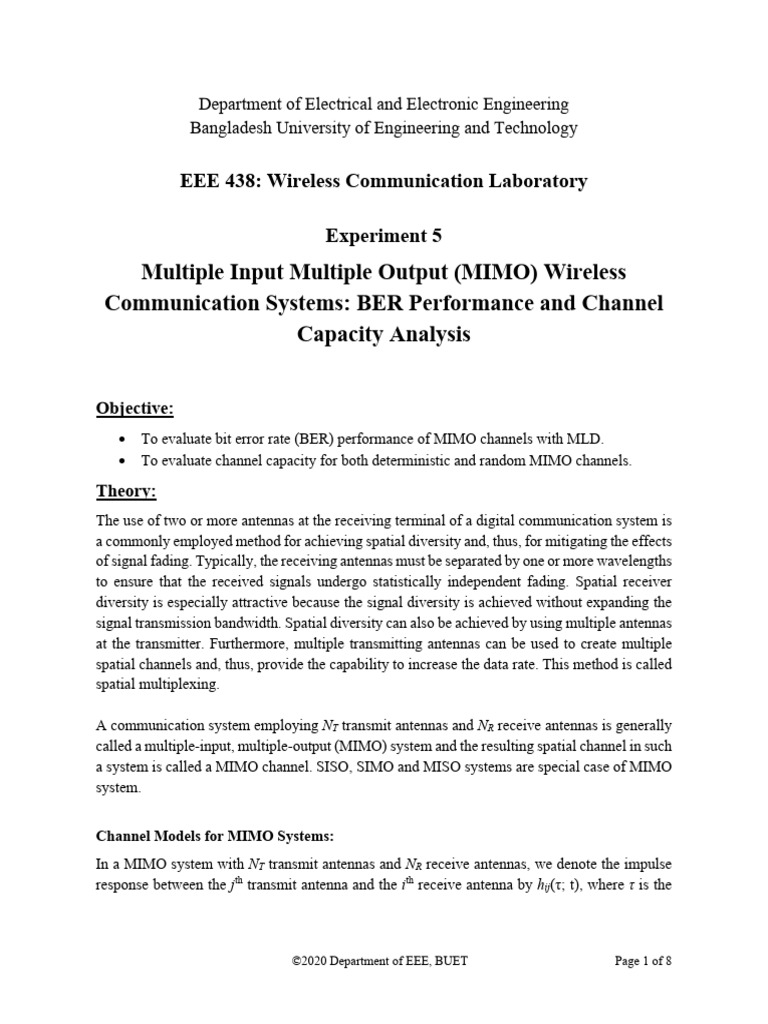 EEE 438 Exp 5 MIMO Transmission, Detection and BER | PDF | Mimo | Antenna (Radio)