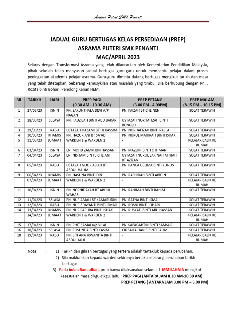 Jadual Prep Mac 23 | PDF