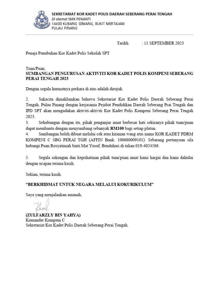 Surat Mohon Sumbangan YDP PIBG Perkhemahan | PDF