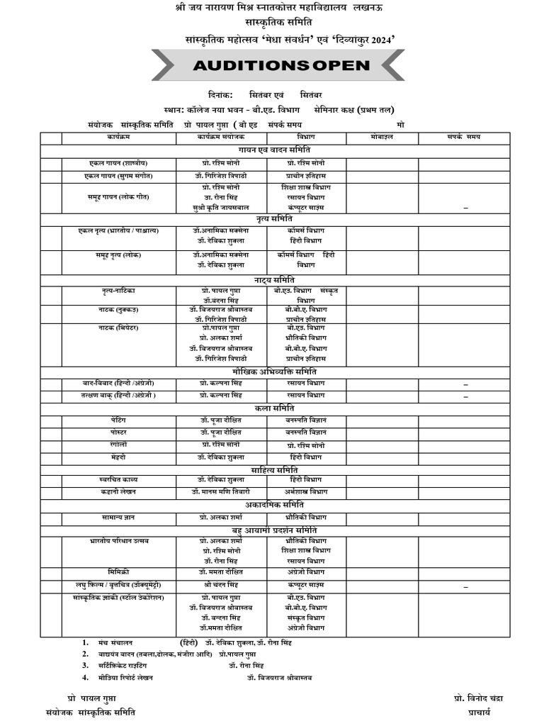 Audition List of Event Coordinators Cultural 2024-25 | PDF