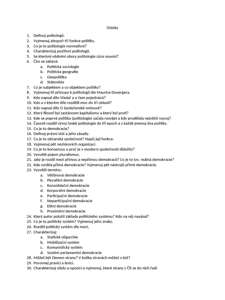 ZSV - Otázky Politologie | PDF