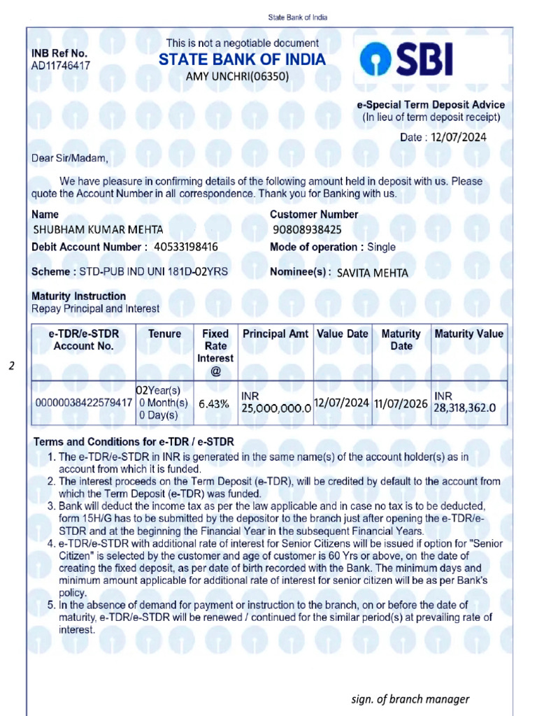 FD Sbi Scheme Receipt | PDF