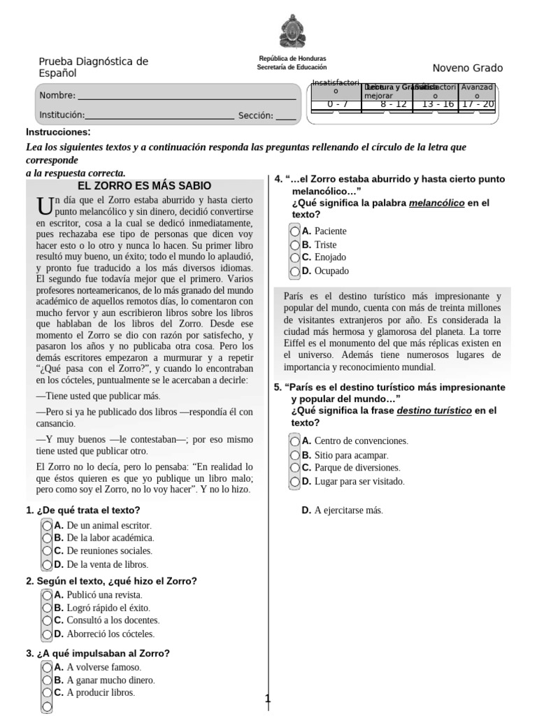 Prueba Diagnóstica de Español 9° Grado | PDF