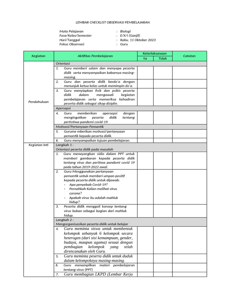 Lembar Checklist Observasi Pembelajaran | PDF | Karier & Perkembangan