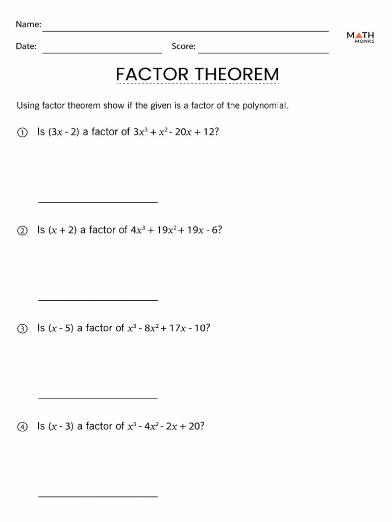 Factor Theorem Worksheet With Answers | PDF