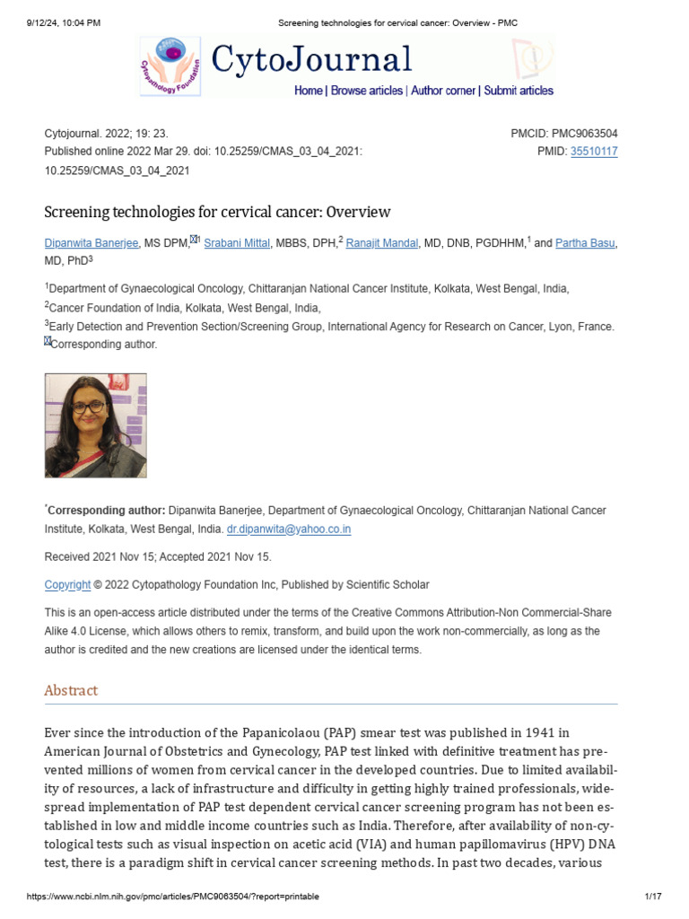 Screening Technologies For Cervical Cancer - Overview - PMC | PDF ...