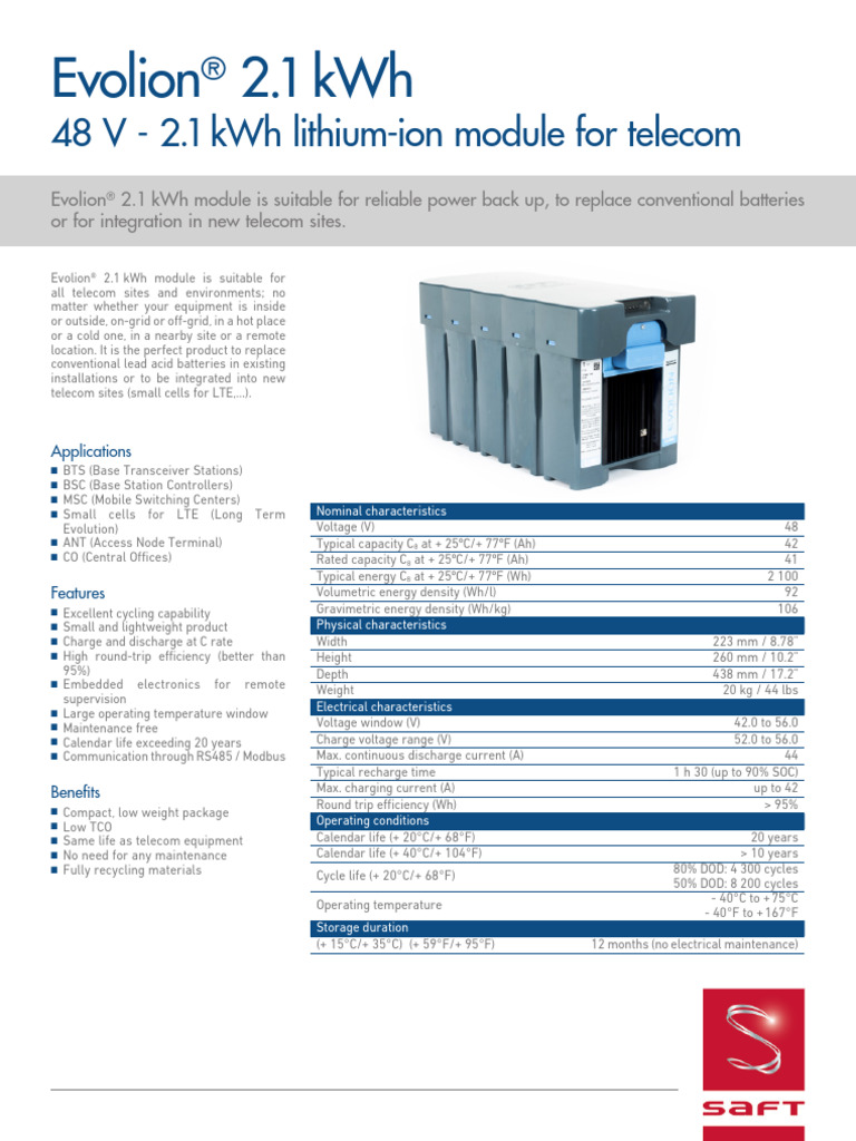 Evolion® 2.1 kWh Telecom Battery Module | PDF | Electricity ...
