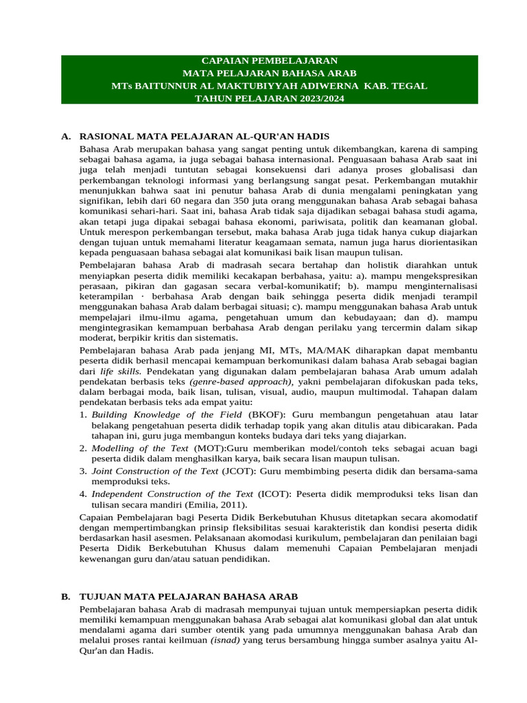 CP MAPEL Bahasa Arab MTs BAMANA | PDF