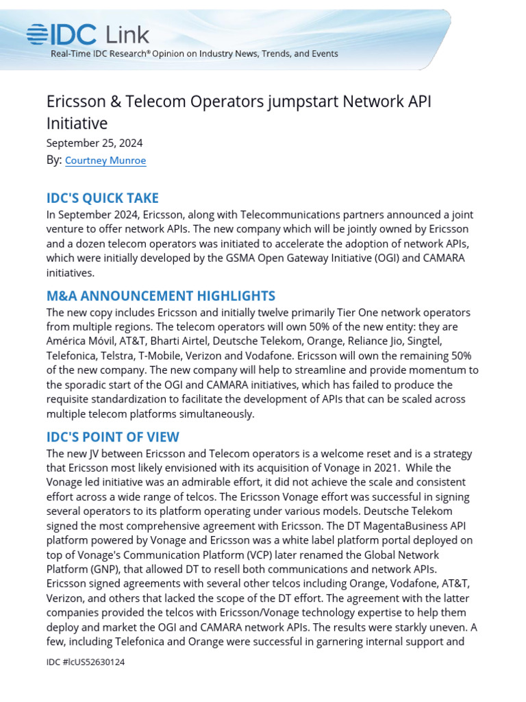 IDC - Ericsson & Telecom Operators Jumpstart Network API Initiative ...
