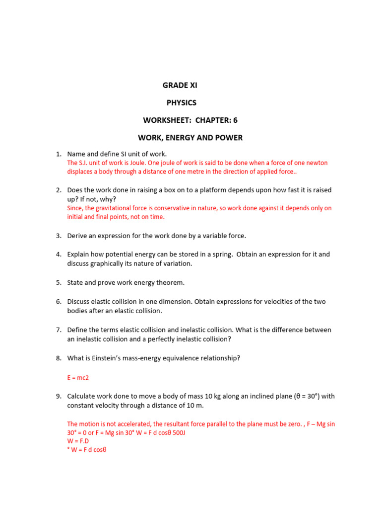 Grade XI Physics: Work, Energy, Power Worksheet | PDF | Force | Collision