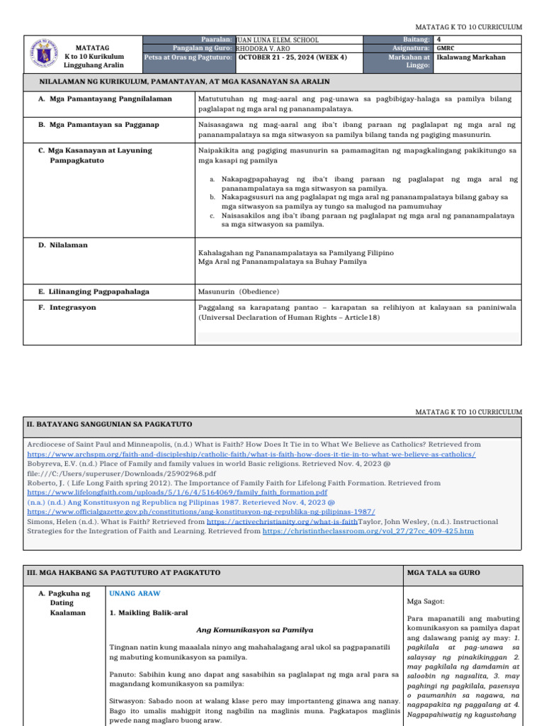 DLL Matatag - GMRC 4 Q2W4 | PDF